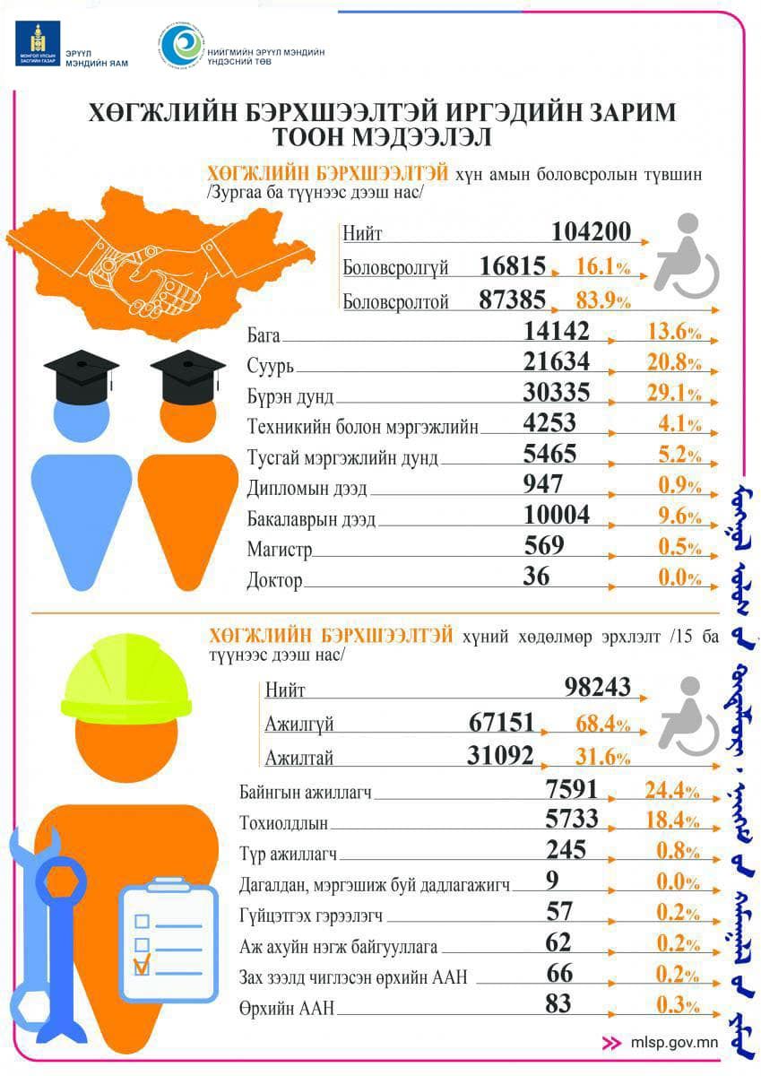 Монголд 15 ба түүнээс дээш насны хөгжлийн бэрхшээлтэй иргэдийн 68 нь ажилгүй байна