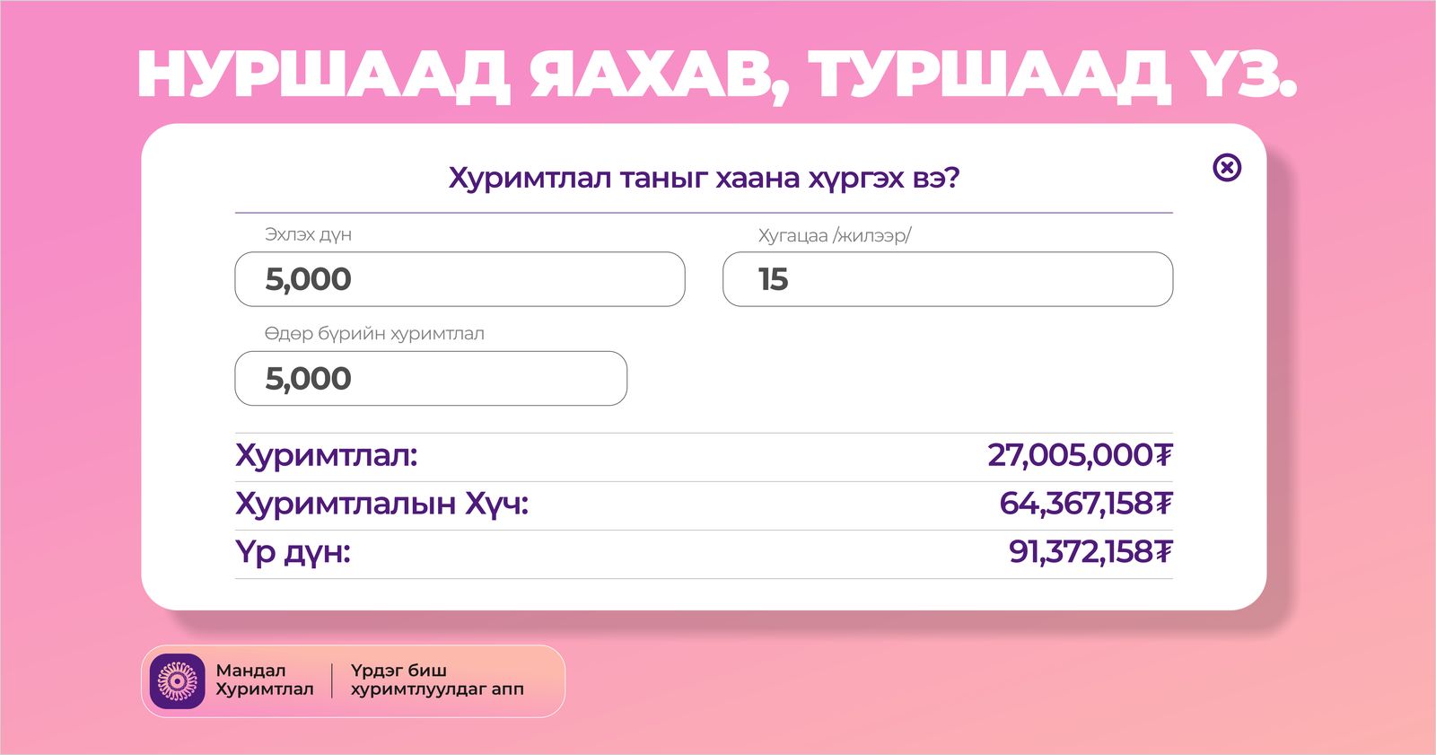 Нуршаад яахав, туршаад үз. Мандал хуримтлал