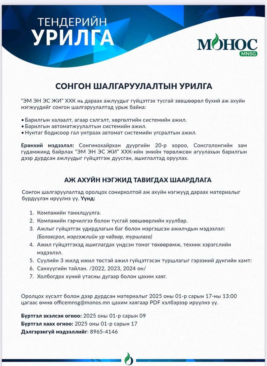 Эм Эн Эс Жи ХХК: ТЕНДЕРИЙН УРИЛГА